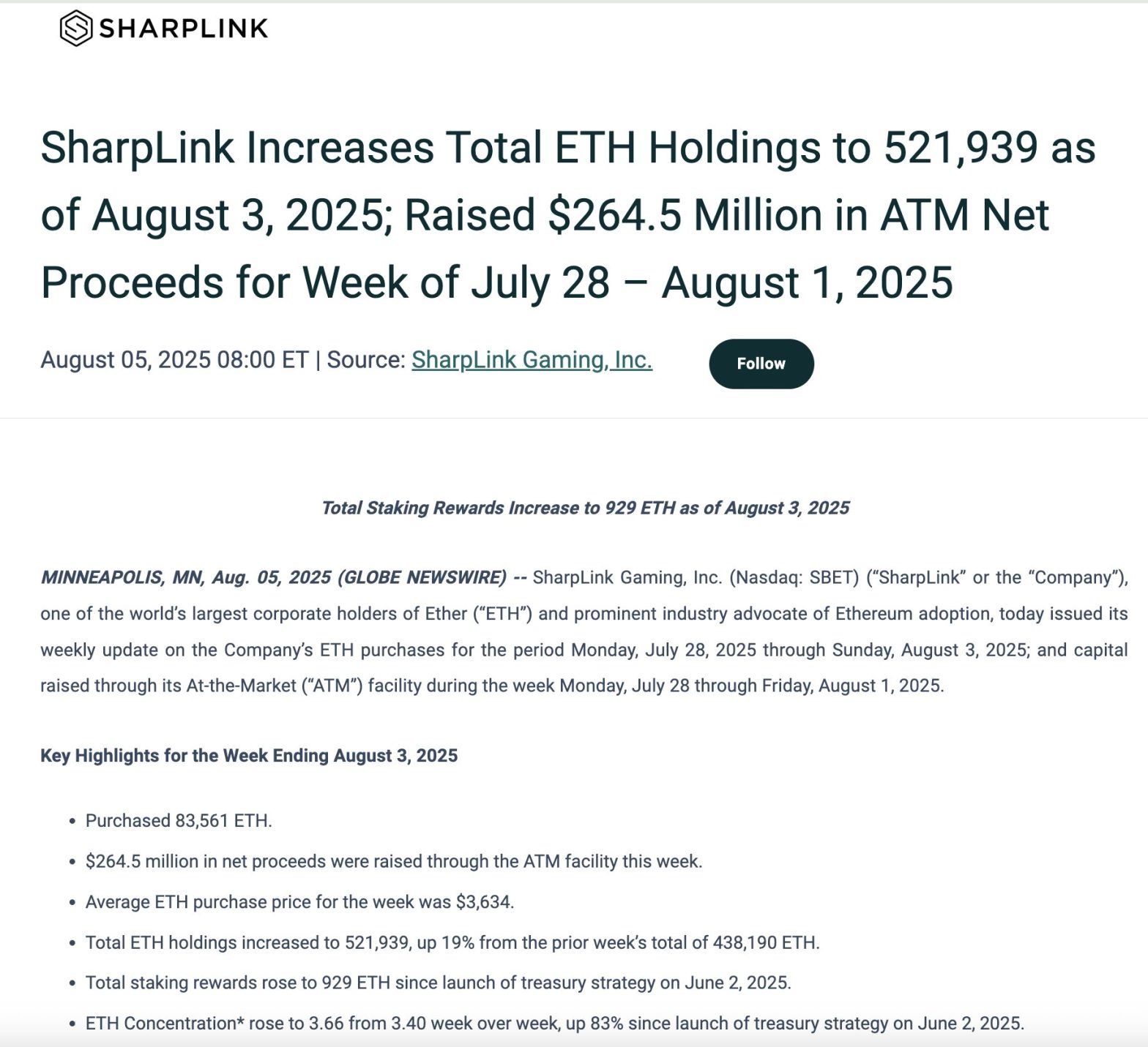 Ethereum Bull Signal? SharpLink Ramps Up ETH Reserves With Multi-Million Purchase